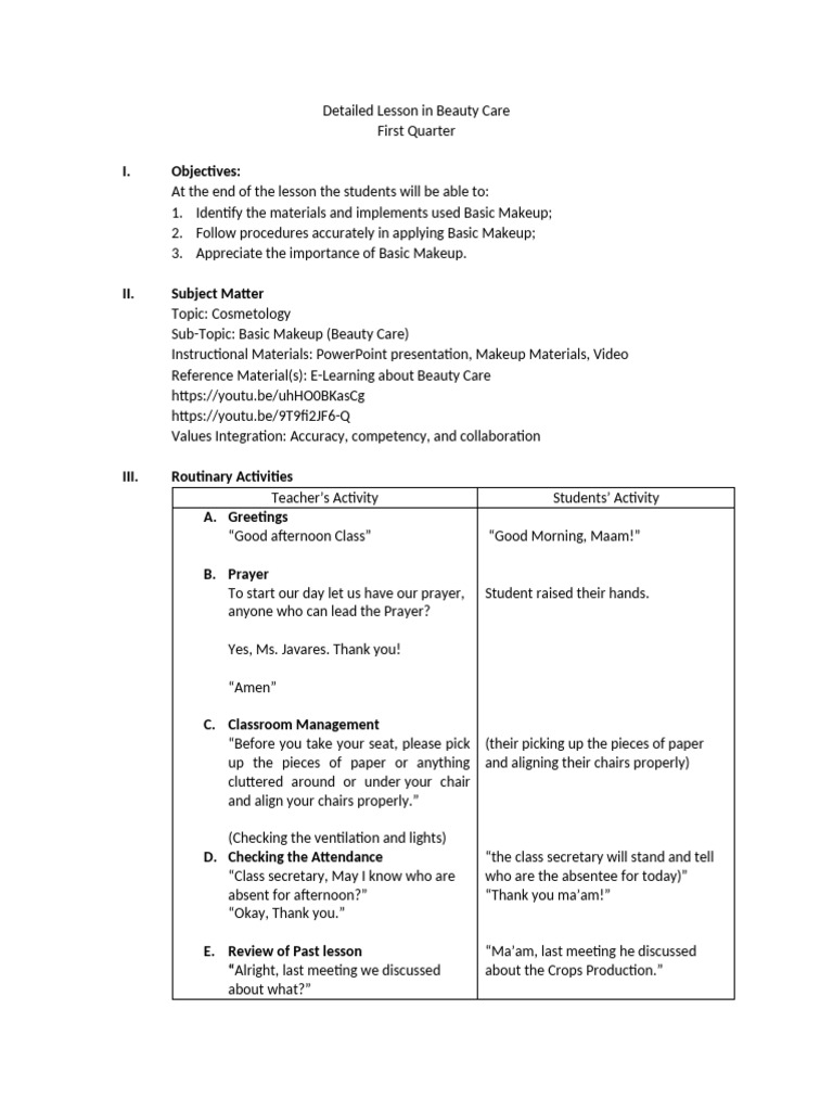 Detailed Lesson Plan in Beauty Care | PDF | Lip | Cosmetics