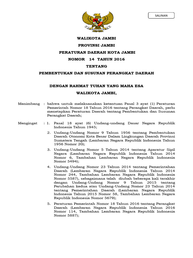 Perda 14 Tahun 2016 Pembentukan Dan Susunan Perangkat Daerah PDF | PDF