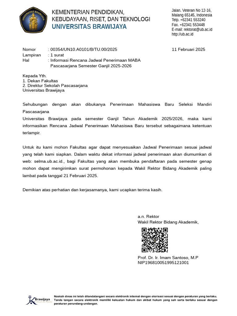 Jadwal Penerimaan MABA Pascasarjana UB | PDF
