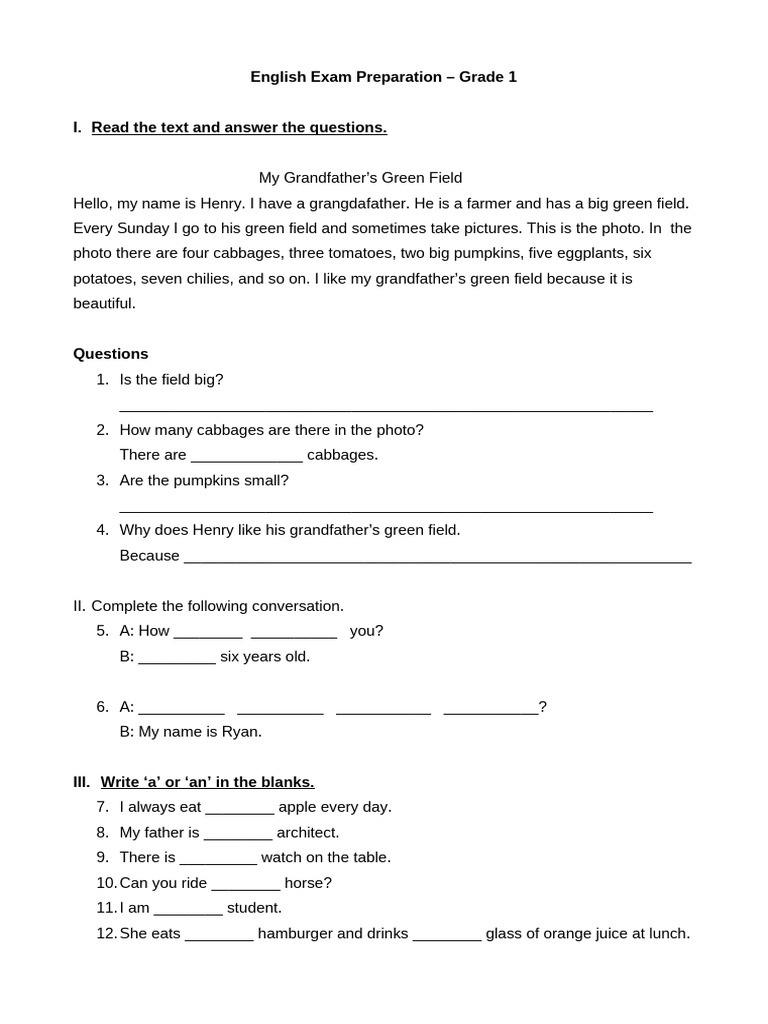 Grade 1 English Exam Preparation | PDF | Western Cuisine | Foods