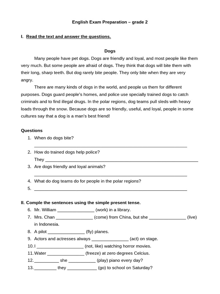 Grade 2 English Exam Preparation | PDF | Dogs