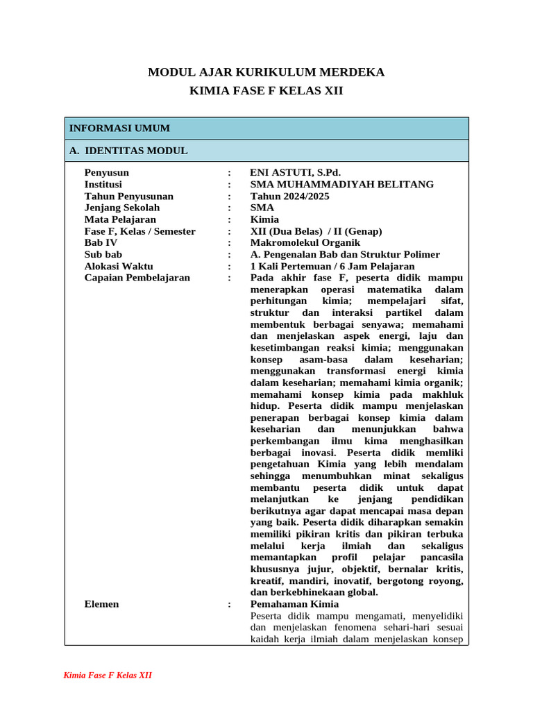 Modul Ajar Kimia Kelas XII Fase F | PDF