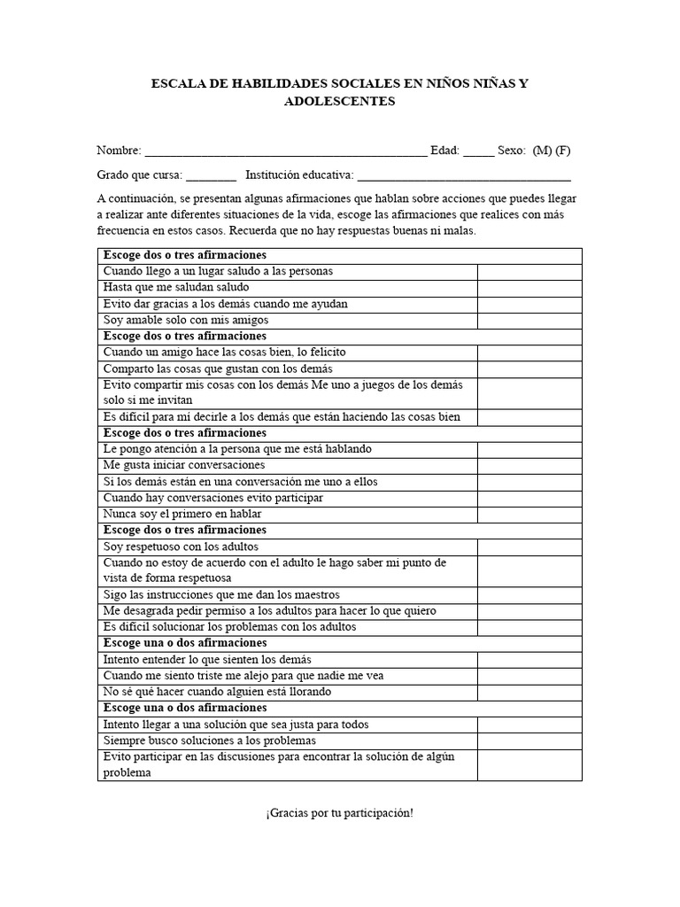 Escala de Habilidades Sociales en Niños Niñas y Adolescentes | PDF