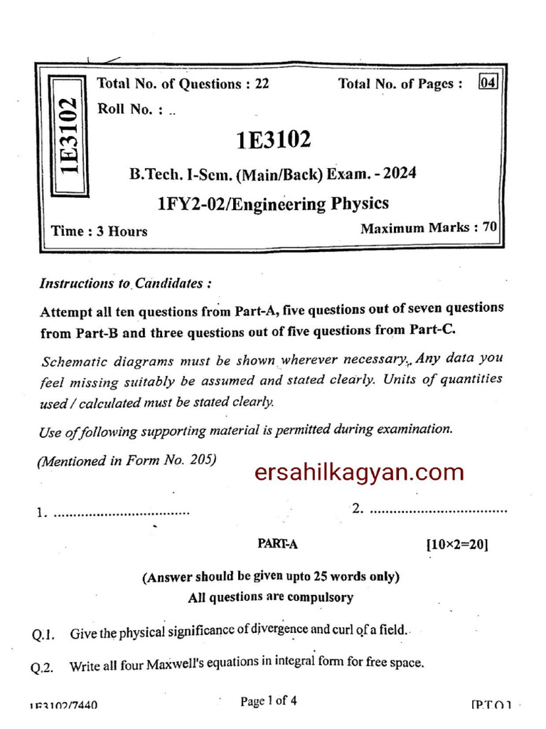 Btech 1 Sem Engineering Physics 1e3102 2024 | PDF