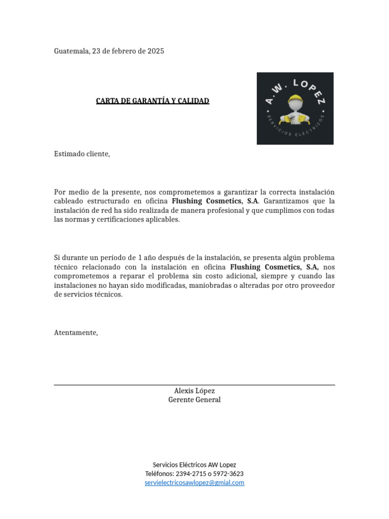 Carta de Garantía de Instalación de Red | PDF