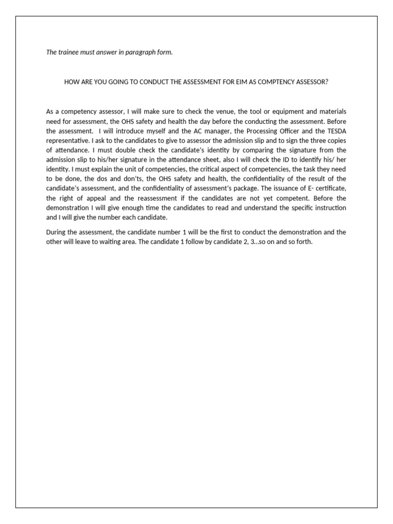 The Trainee Must Answer in Paragraph Form | PDF