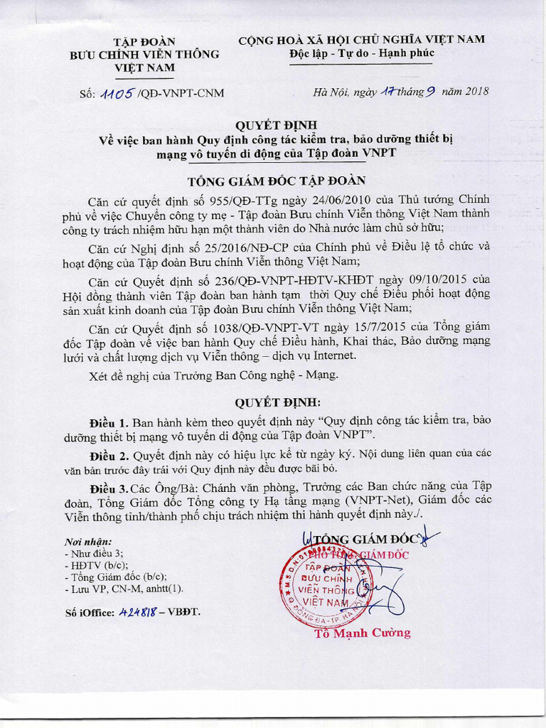 1105_QD-VNPT-CNT_QUY DINH CONG TAC KIEM TRA BAO DUONG TBI MANG VO TUYEN_VNPT | PDF | Vietnam