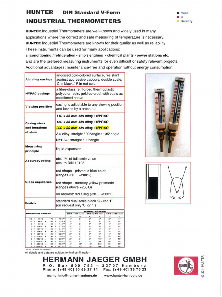 Hunter-Thermometer Straght & Angle Catalog | PDF | Thermometer ...