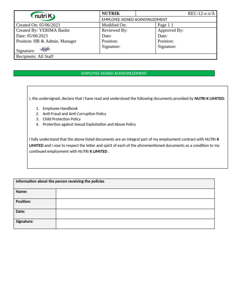 Employee Acknowledgment Form for Policies | PDF