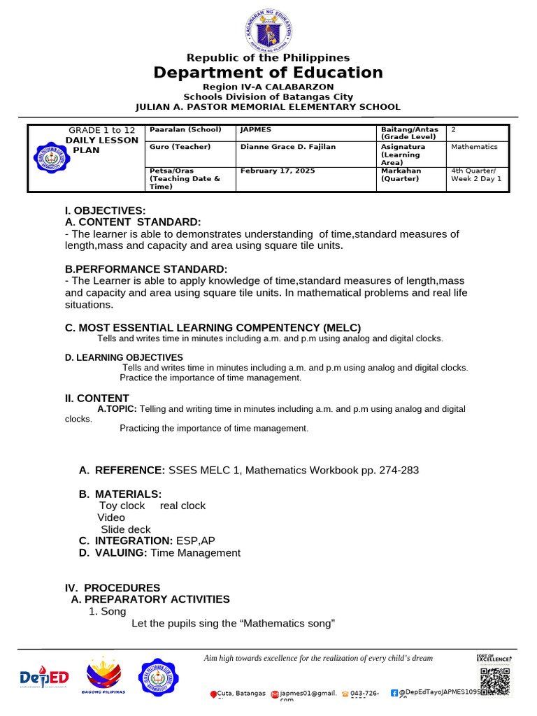 Q4 DLP in Math Week1.Day 1 | PDF | Learning | Cognitive Science