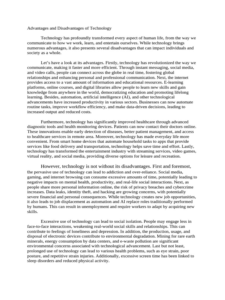 Advantages and Disadvantages of Technology | PDF | Educational ...