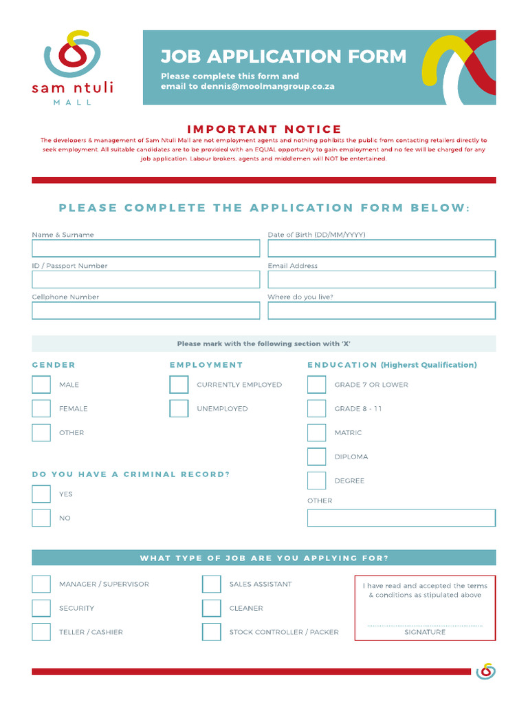 Sam Ntuli Mall Job Application 2019 | PDF