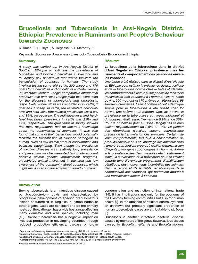 Amenu Et Al - Brucellosis Tuberculosis - Ethiopia Tropiculrura 2010 | PDF
