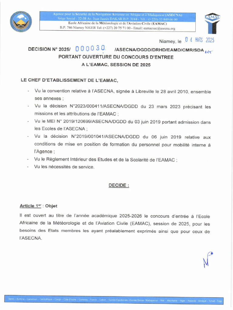 Déc- 2025- 000030- ASECNA- DGDD- DRHD- EAMD- CMR- SDA- Portant Ouverture Du Concours d'Entrée à ...