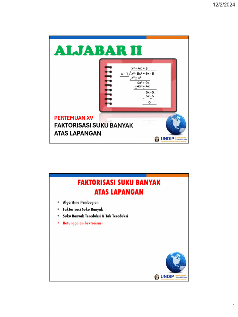 PPT Pertemuan XV - Faktorisasi Suku Banyak | PDF