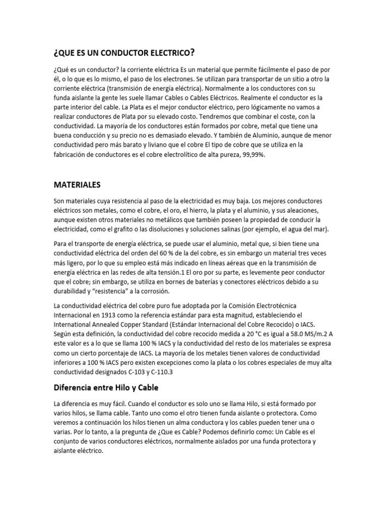 Que Es Un Conductor Electrico Word 1 | PDF | Conductor electrico | Electromagnetismo