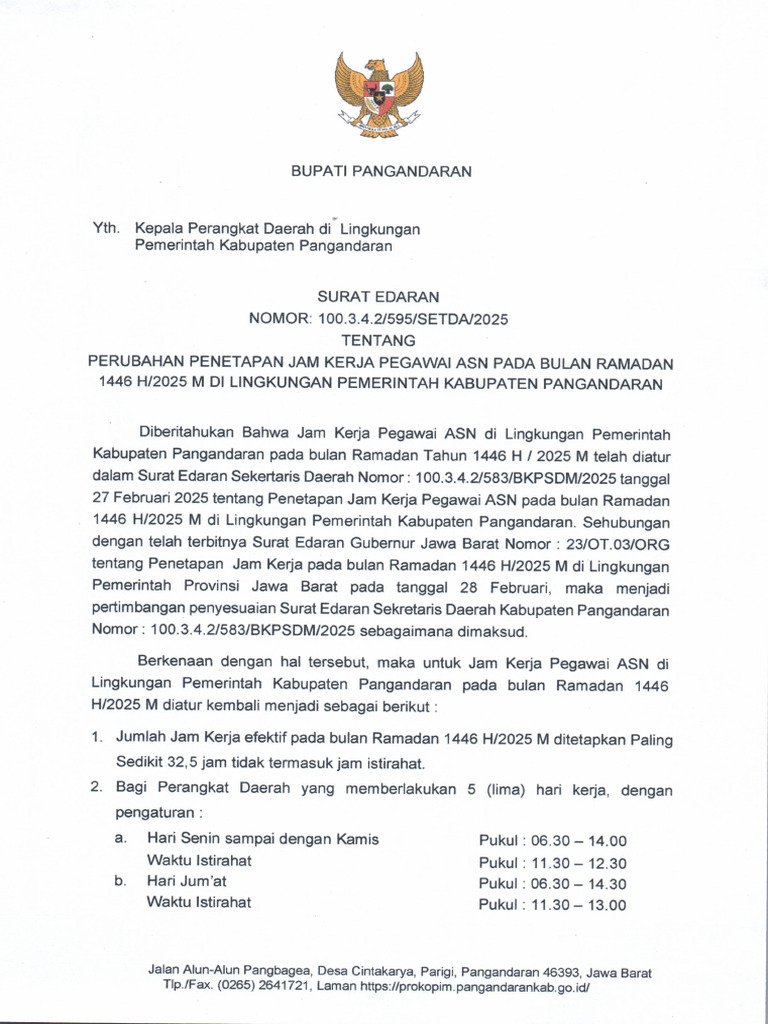 Surat Edaran Perubahan Jam Kerja ASN Sudah TTD Bupati | PDF