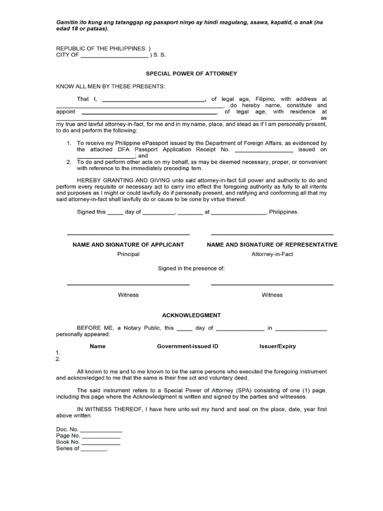 Special Power of Attorney For Releasing of Passport Non-Immediate ...