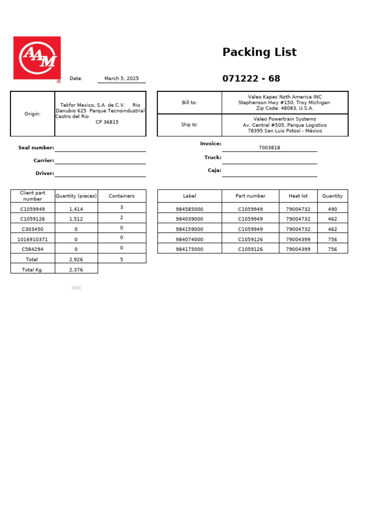 Packing List Valeo 071222 | PDF
