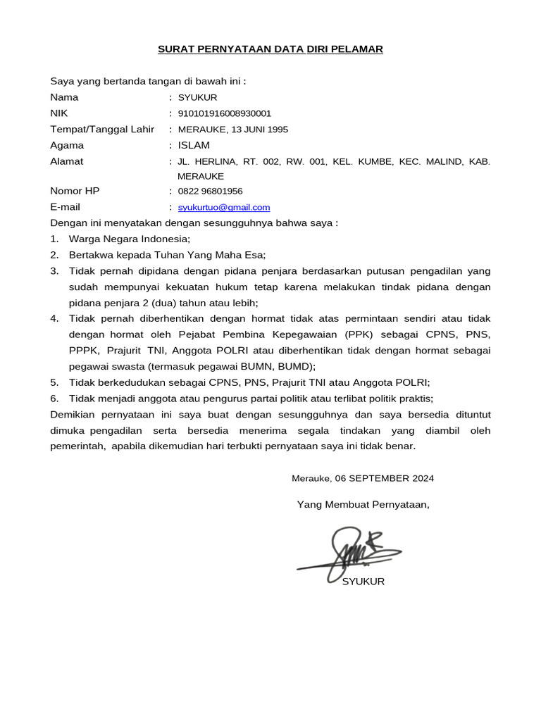 Surat Pernyataan Syukur, ST | PDF