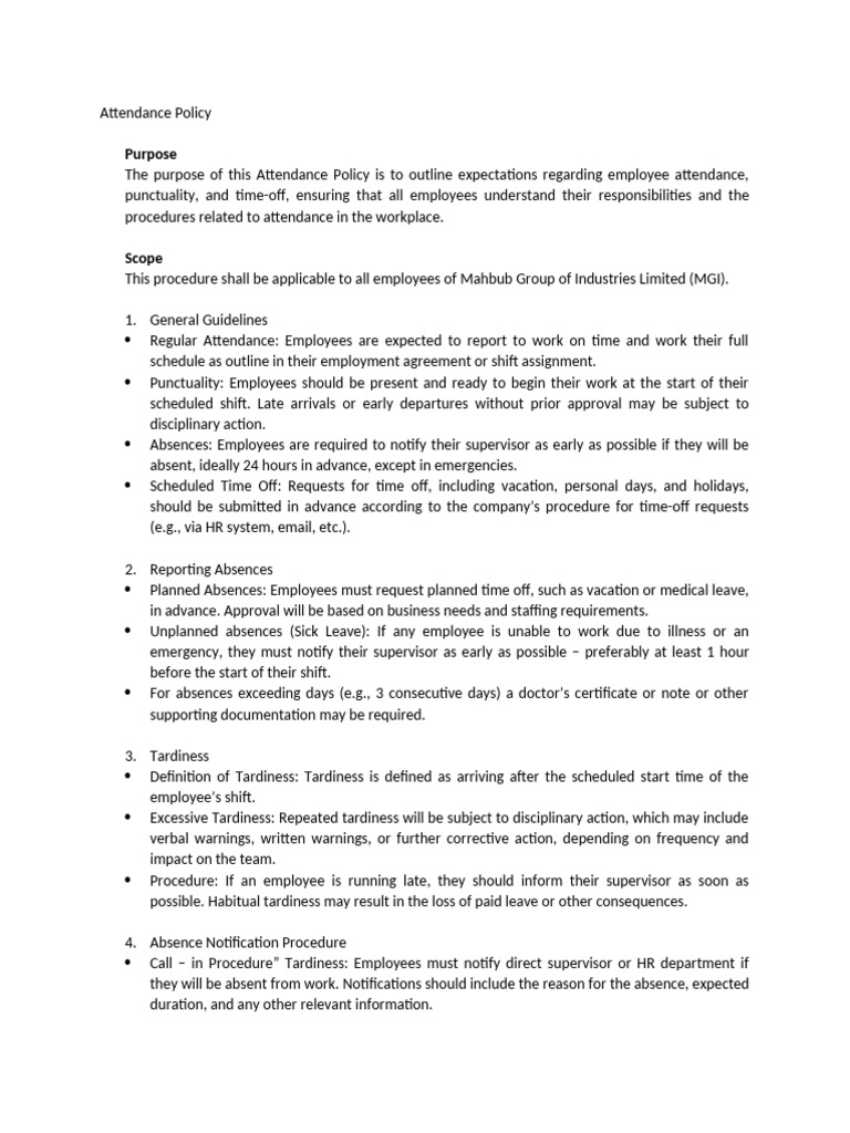 Employee Attendance Policy Overview | PDF | Employment | Performance ...