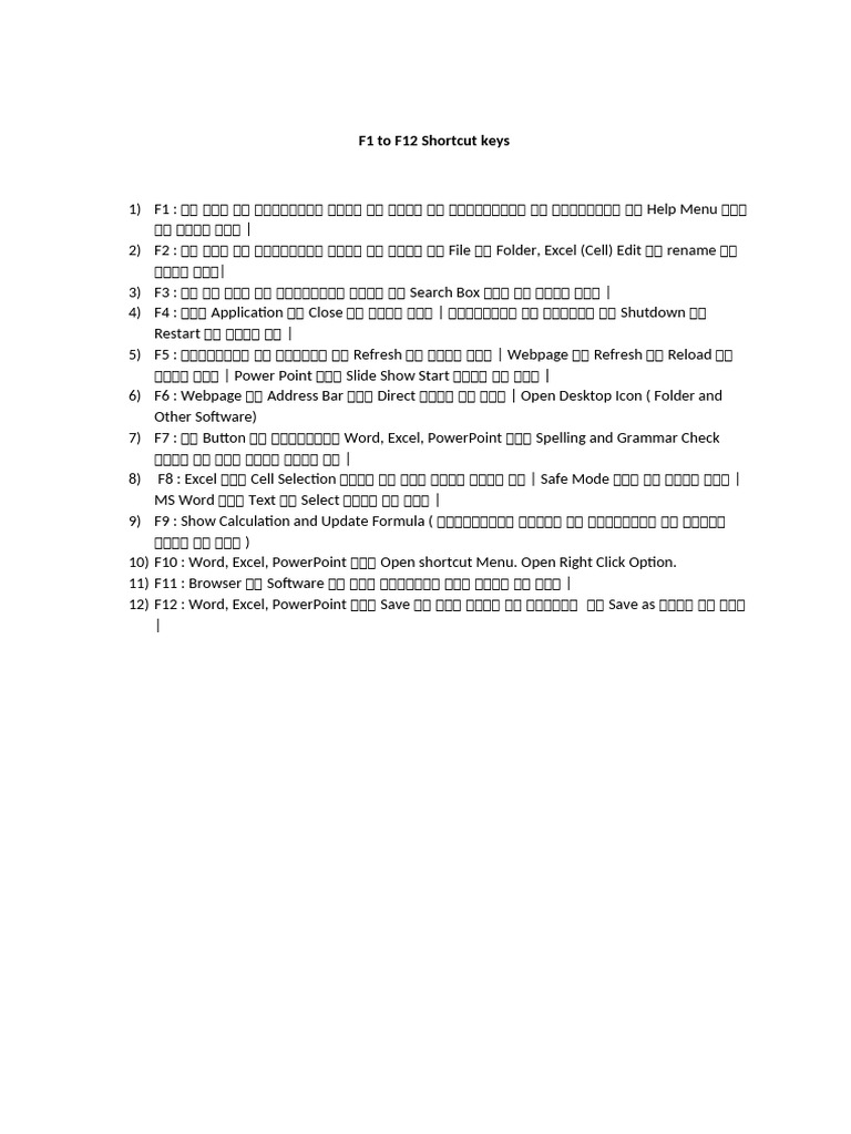 f1 To f12 Shortcut Keys | PDF