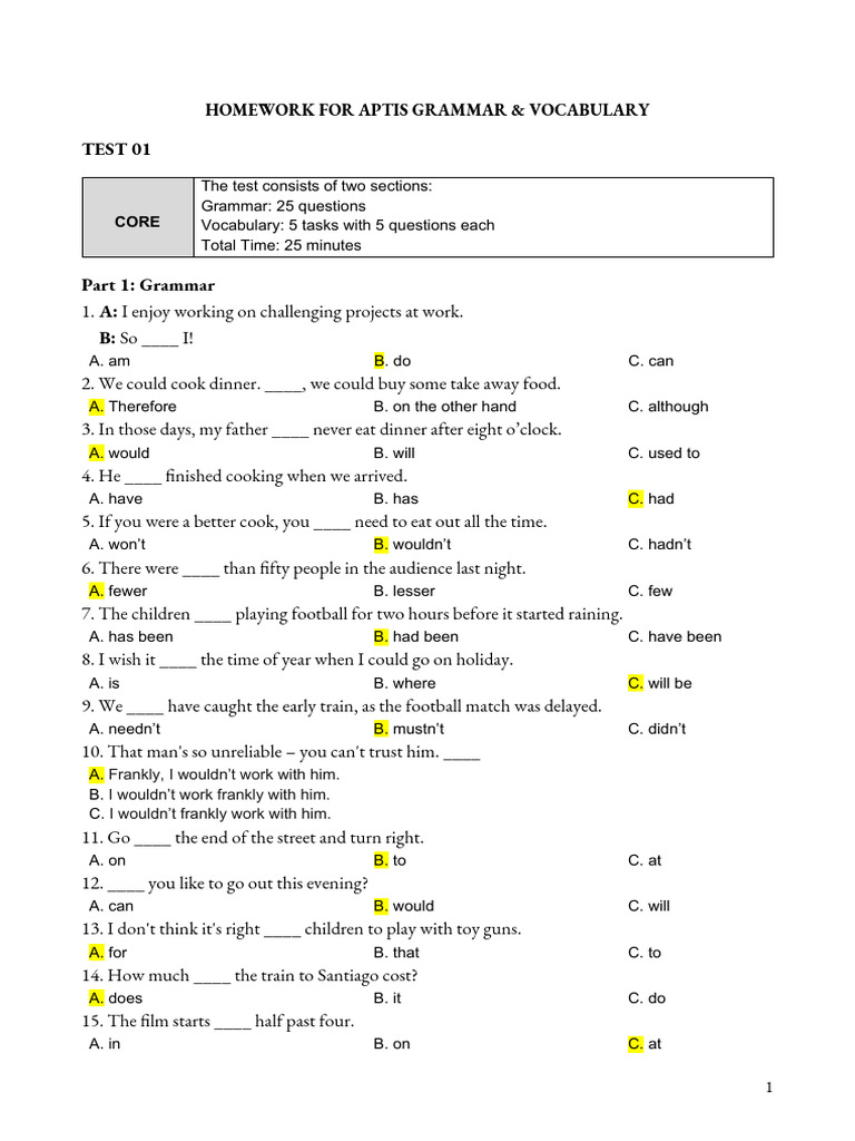 Homework For Aptis Grammar & Vocabulary | PDF