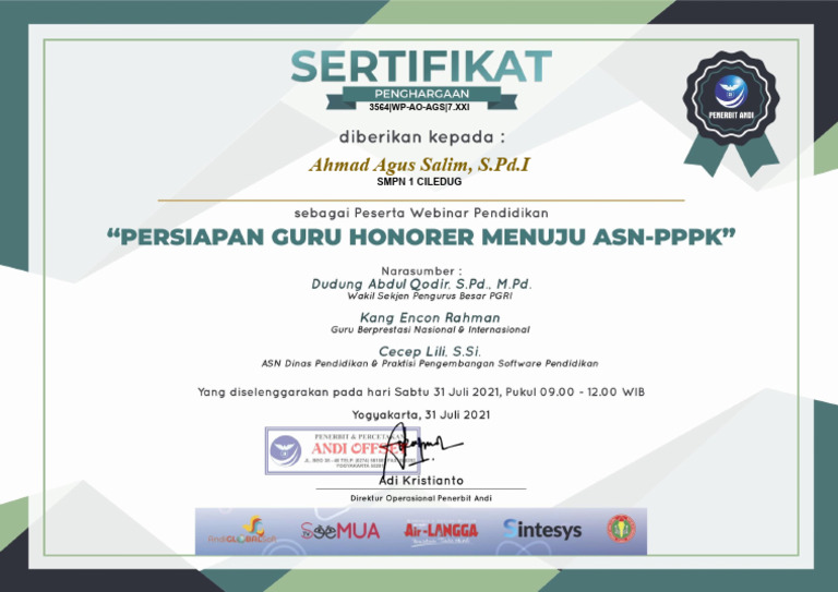 Ahmad Agus Salim, S.Pd.I e-Sertifikat | PDF