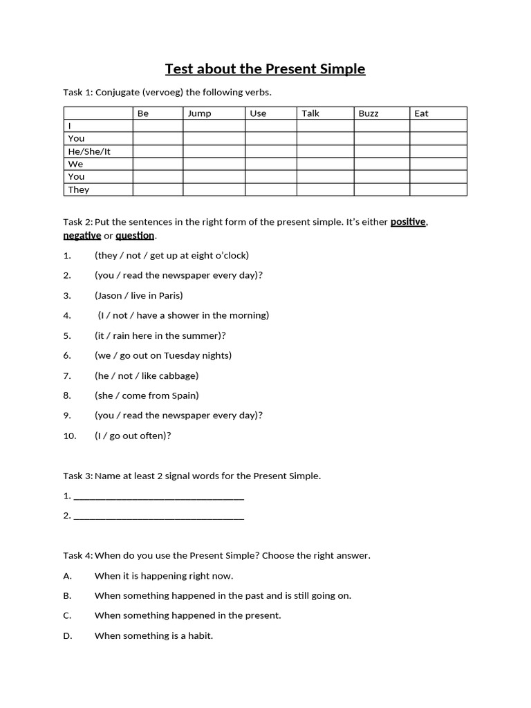 Present Simple Verb Conjugation Test | PDF