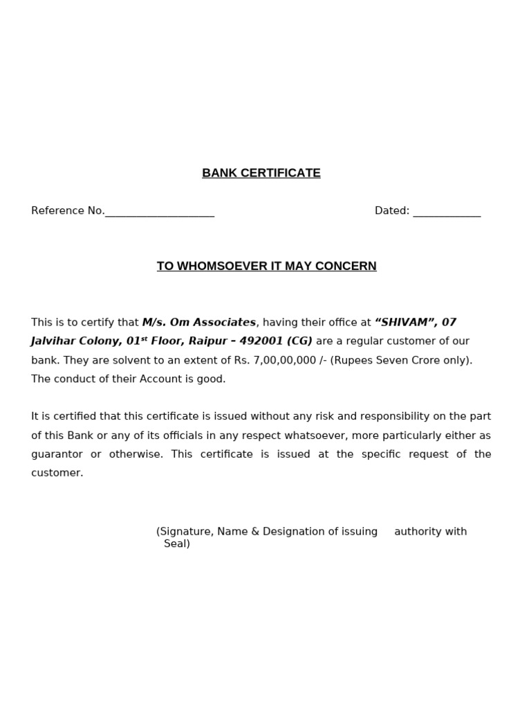 Bank Certificate for Om Associates | PDF