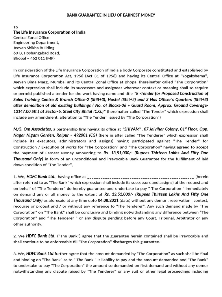 Format of Bank Guarantee for EMD - HDFC Bank | PDF | Business Law ...