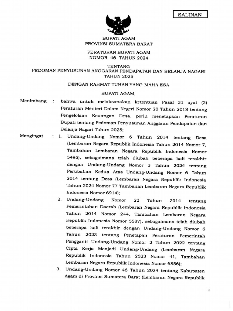 PERBUP AGAM 46 TAHUN 2024 TTG PEDOMAN PENYUSUNAN APBNAGARI TAHUN 2025 | PDF