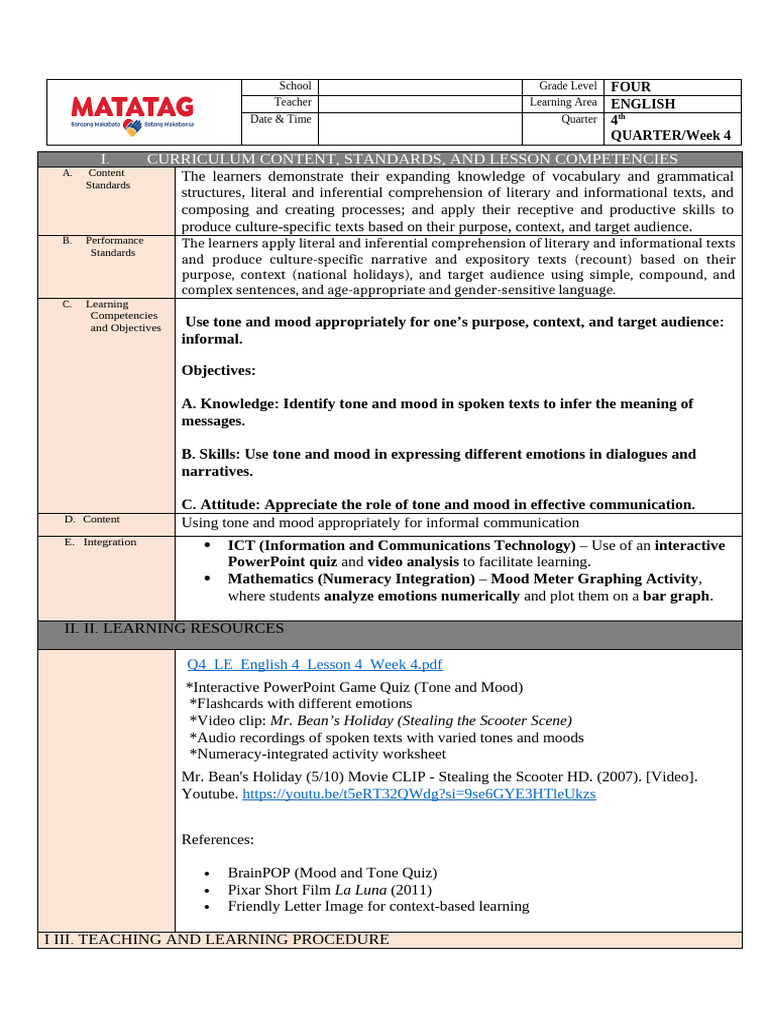 Tone and Mood in Grade 4 English | PDF | Emotions | Learning