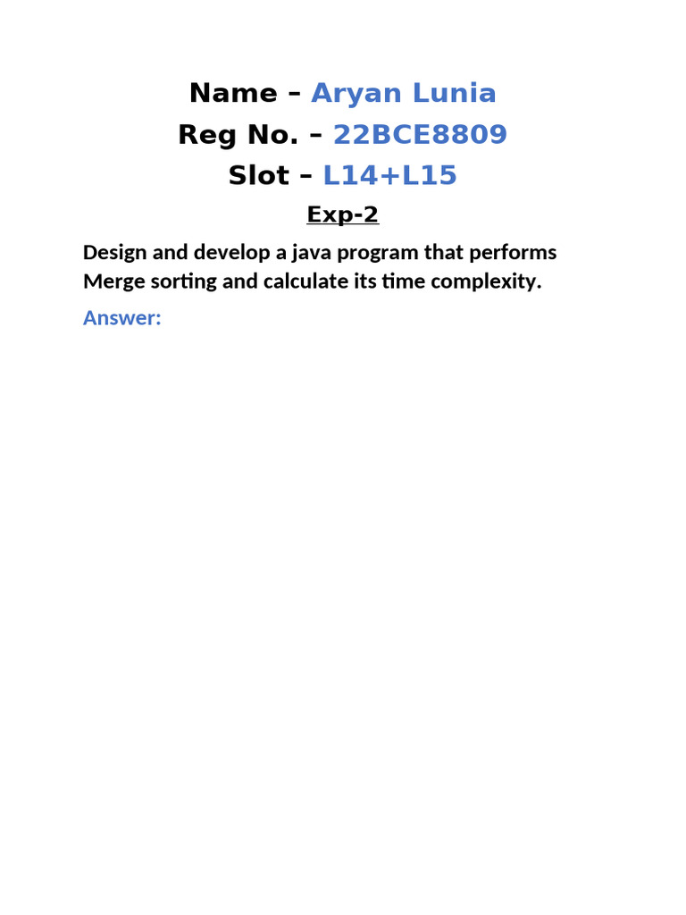 Name - Reg No. - Slot - : Aryan Lunia 22BCE8809 L14+L15 | PDF