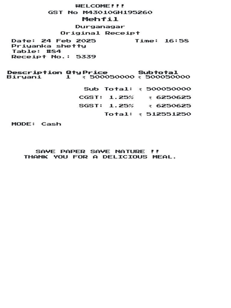 GST Receipt for Biryani Order | PDF