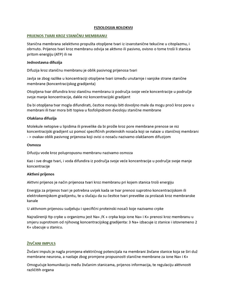 Fiziologija - Skripta (Kolokvij) | PDF