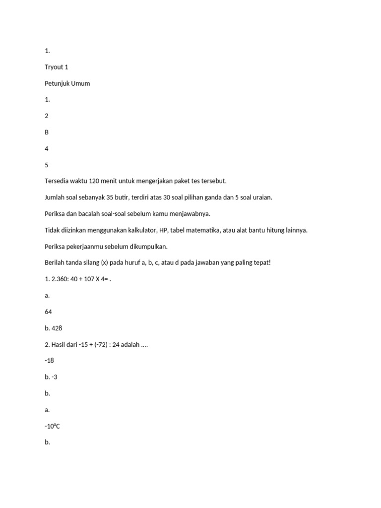 Tryout 1 Mtk Kelas 6 | PDF