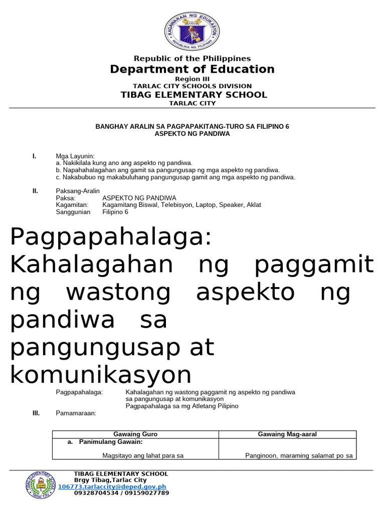 Lesson Plan Aspekto NG Pandiwa | PDF