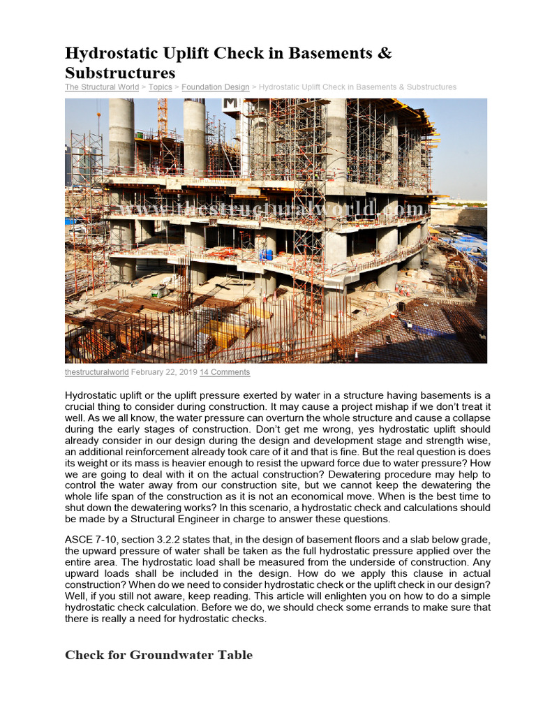 Hydrostatic Uplift Check in Basements & Substructures | PDF | Pressure ...