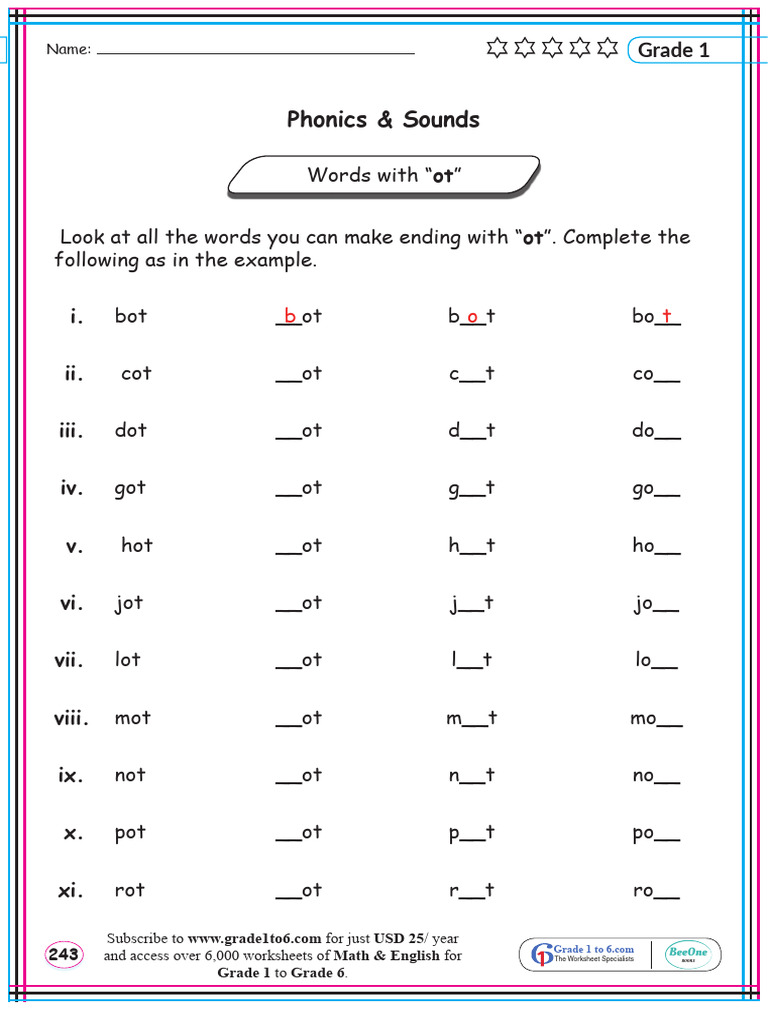 Phonics Worksheet: Words Ending in "ot" | PDF