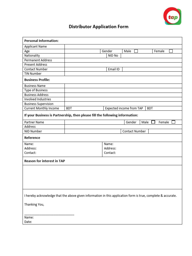 TAP Distributor Application Form and Doc List | PDF