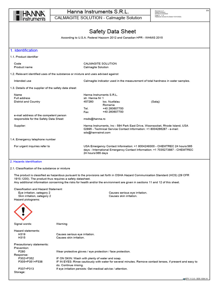 Calmagite Solution Safety Data Sheet | PDF | Dangerous Goods | Toxicity