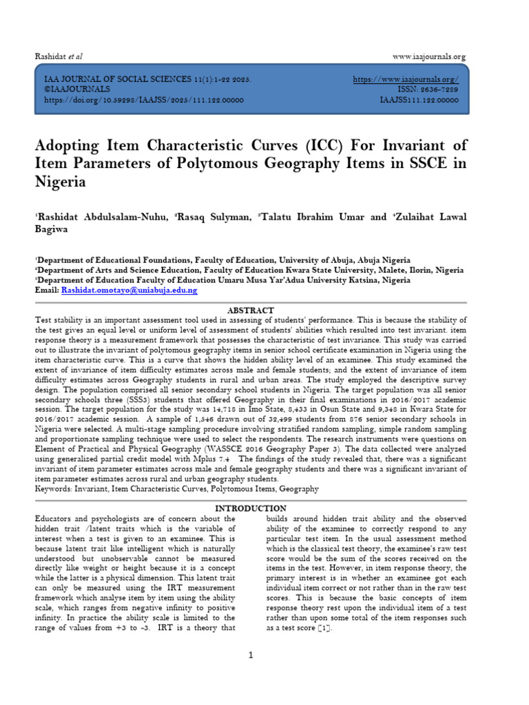 Adopting Item Characteristic Curves (ICC) For Invariant of Item ...