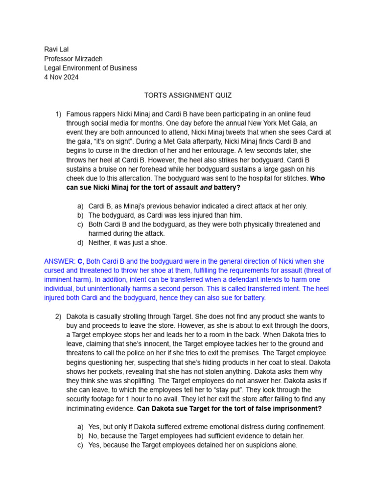 Torts Assignment Quiz Analysis | PDF | Negligence | Defamation