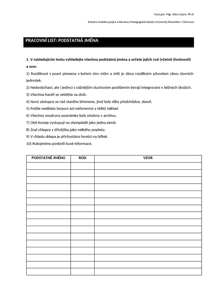 PODSTATNÁ JMÉNA - Pracovní List | PDF
