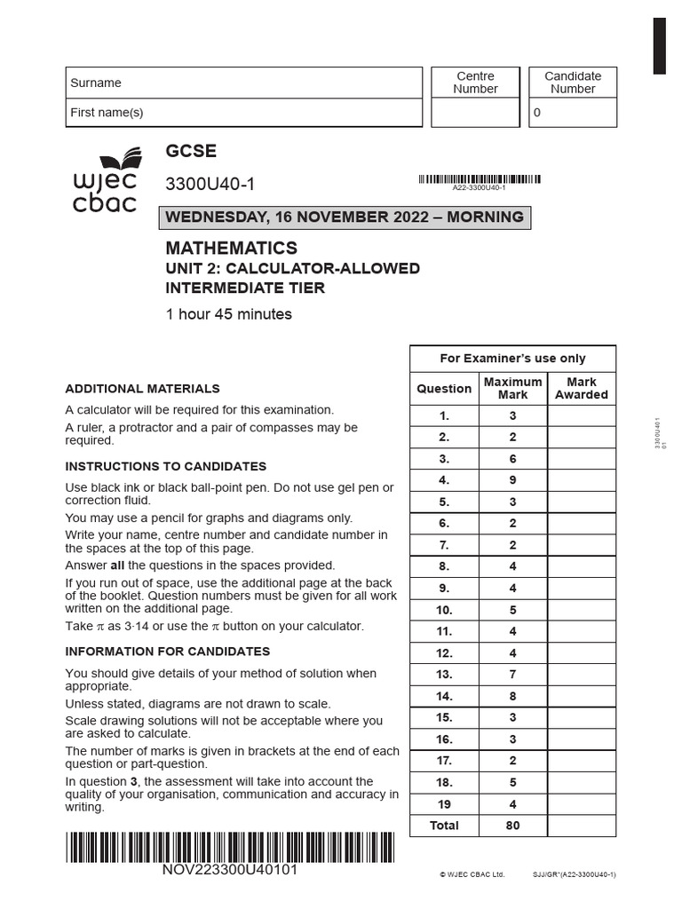WJEC-GCSE-Maths-Intermediate-Paper-2-November-2022 | PDF | Area | Circle