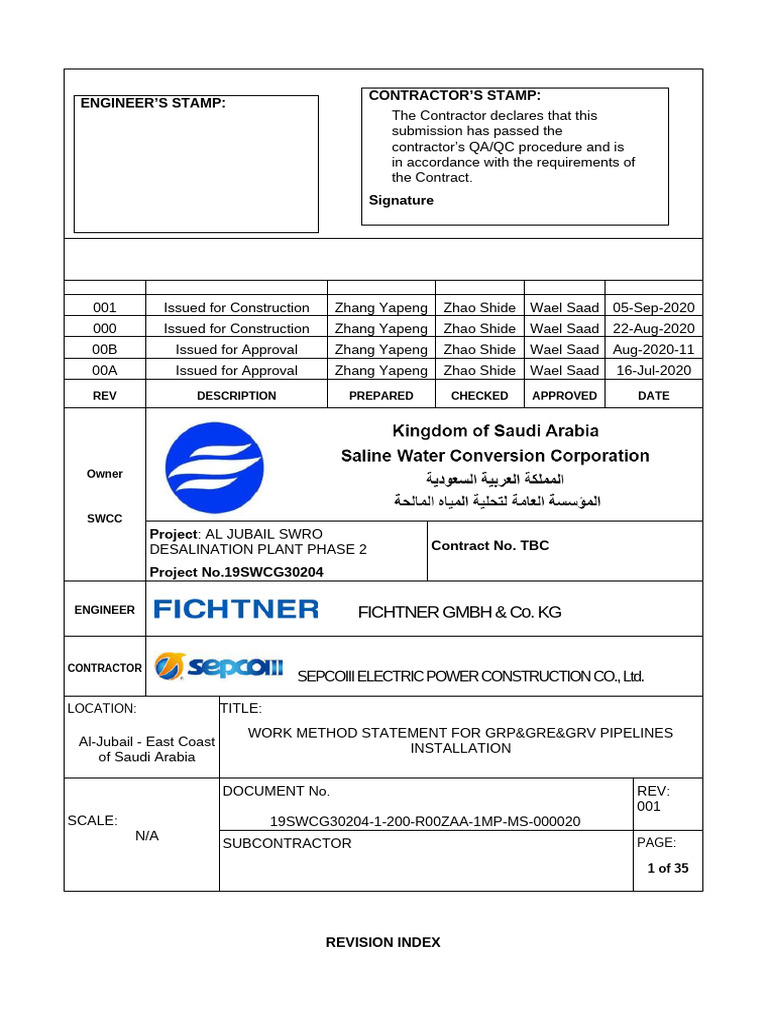 Method Statement For GRP & GRE Work - 001 | PDF | Fiberglass | Pipe ...