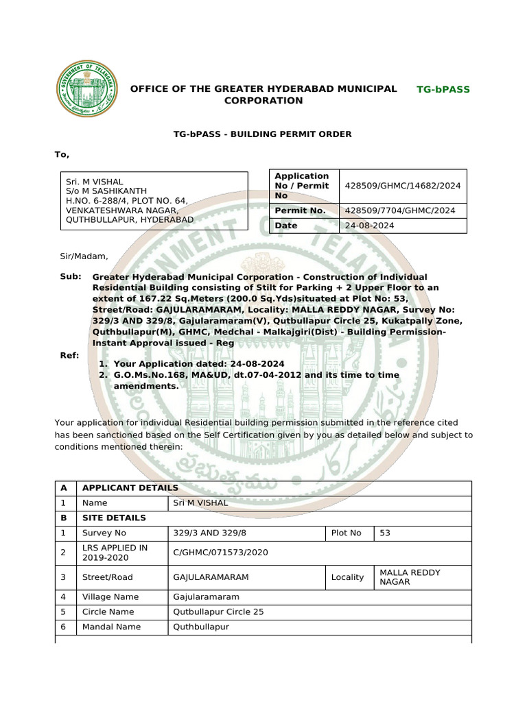 GHMC Building Permit Approval 2024 | PDF
