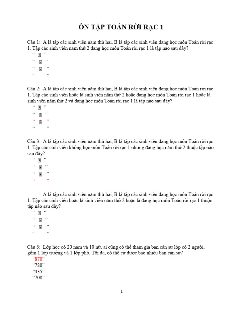 Bo Cau Hoi Trac Nghiem Co Dap An On Tap Toan Roi Rac Mon Cong Nghe Tho 122230 | PDF