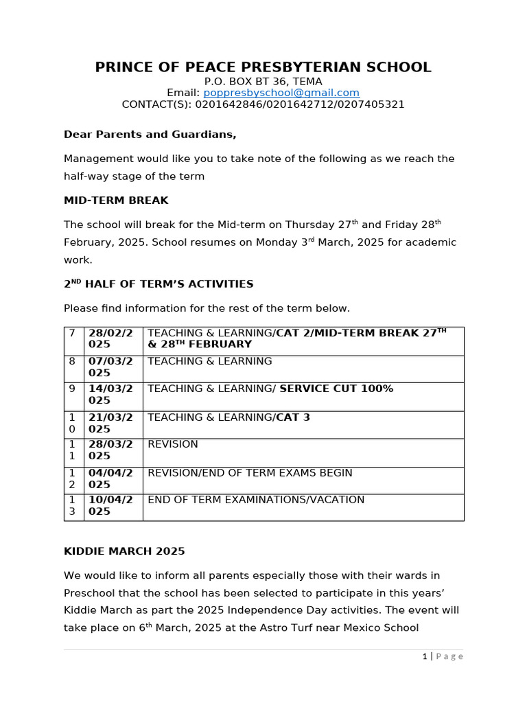 Mid-Term Break and Upcoming Events 2025 | PDF